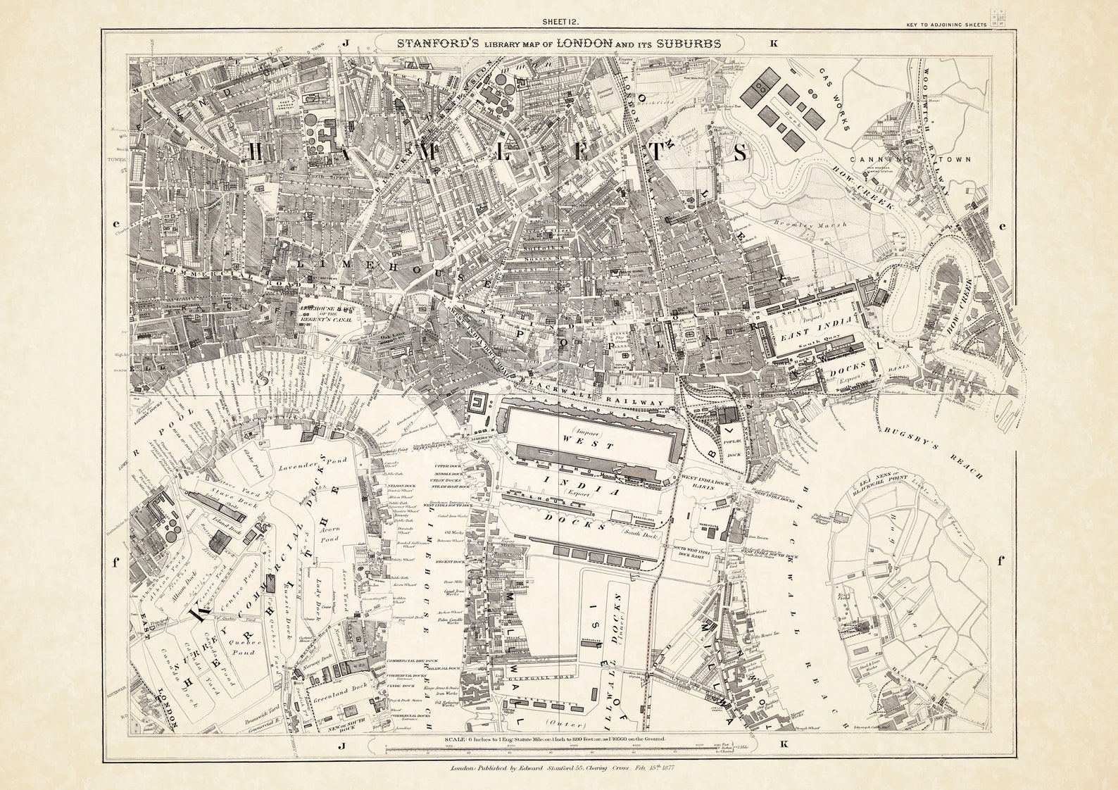 Old Map London 1877, Sheet 12 Surrey Dock, E & W India Dock, Canning ...