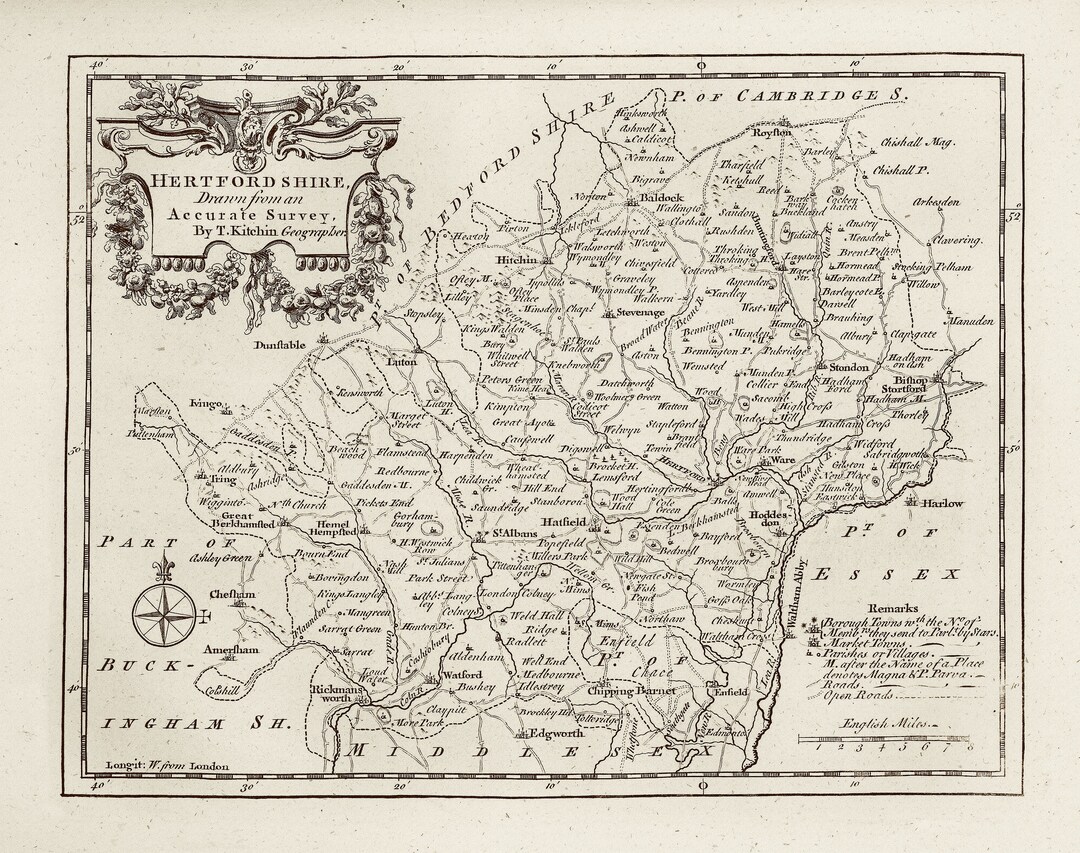 Hertfordshire County Map by Thomas Kitchin, 1786, County Map, Antique ...