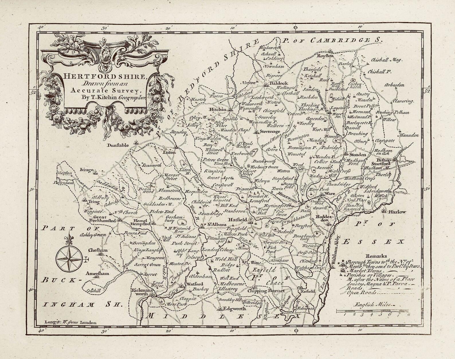Hertfordshire County Map by Thomas Kitchin, 1786, County Map, Antique ...