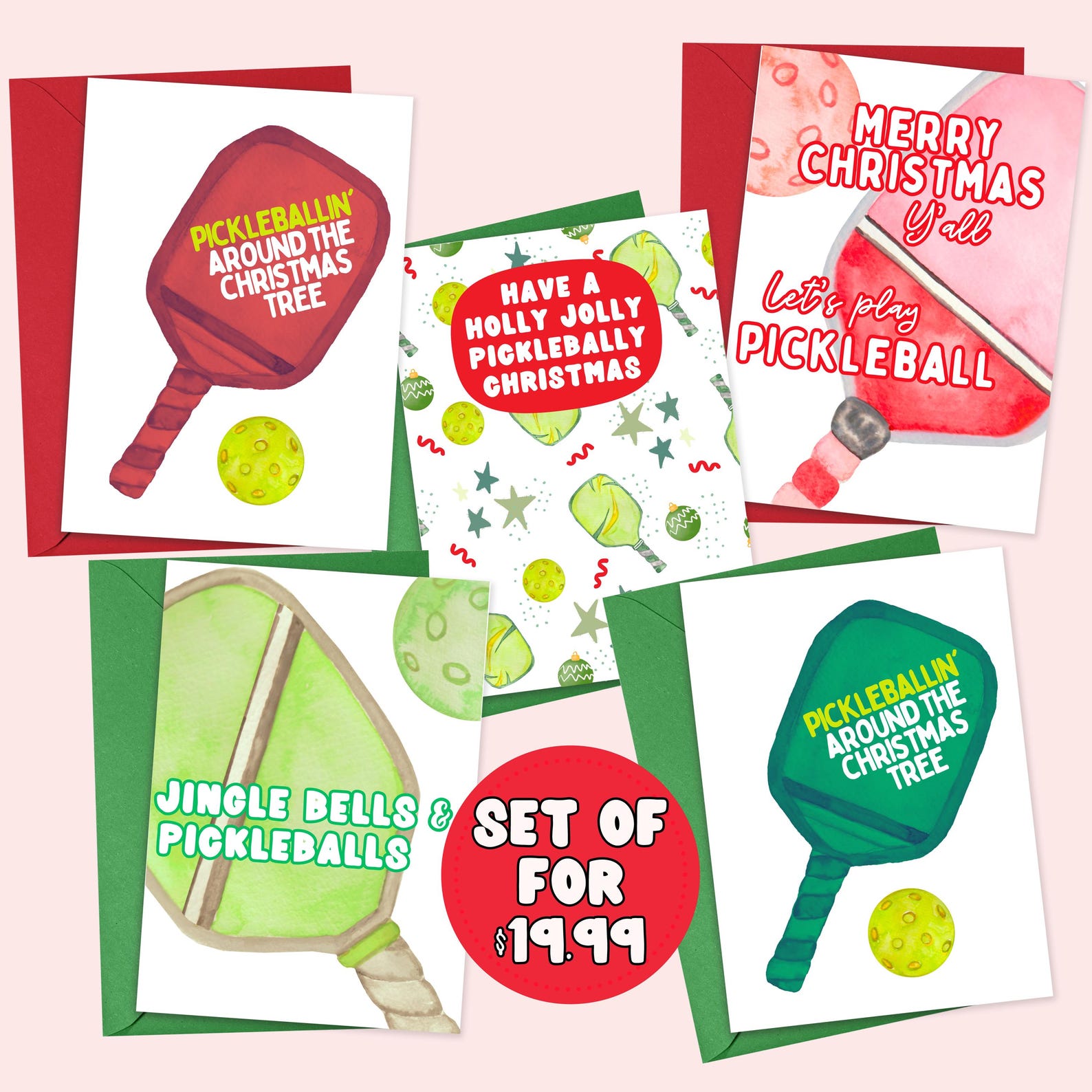 Pickleball Christmas Cards Pack Pickleball Cards Holiday Cards Pickle ...