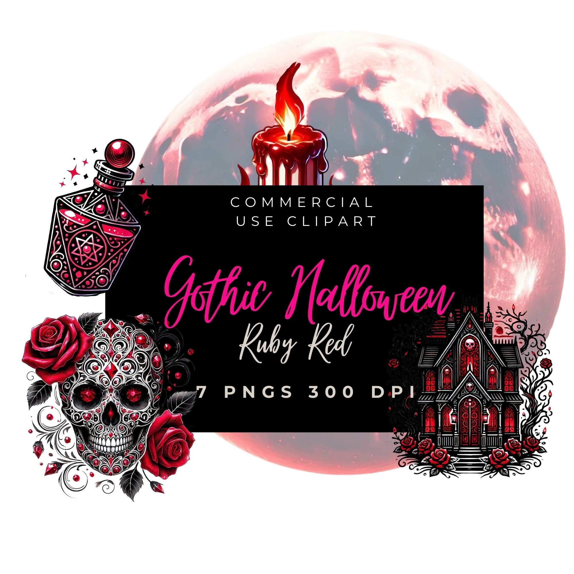 Ruby Red Skull Roses Moon Potion Bottle Book Haunted House Clipart ...