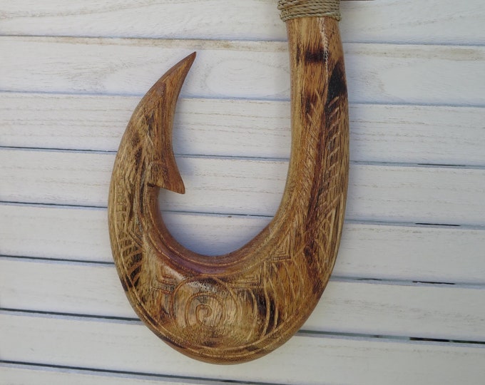 Hawaiian Hand Made Wall Decor Plaques Solid Wood Polynesian Fish Hook ...