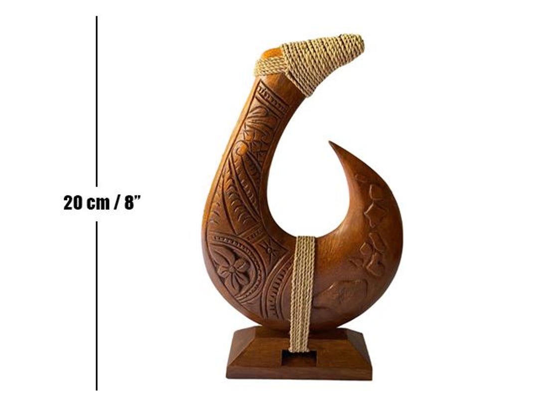Hawaiian Hand Made Polynesian Wood Carved Fish Hook With Base Engraved ...