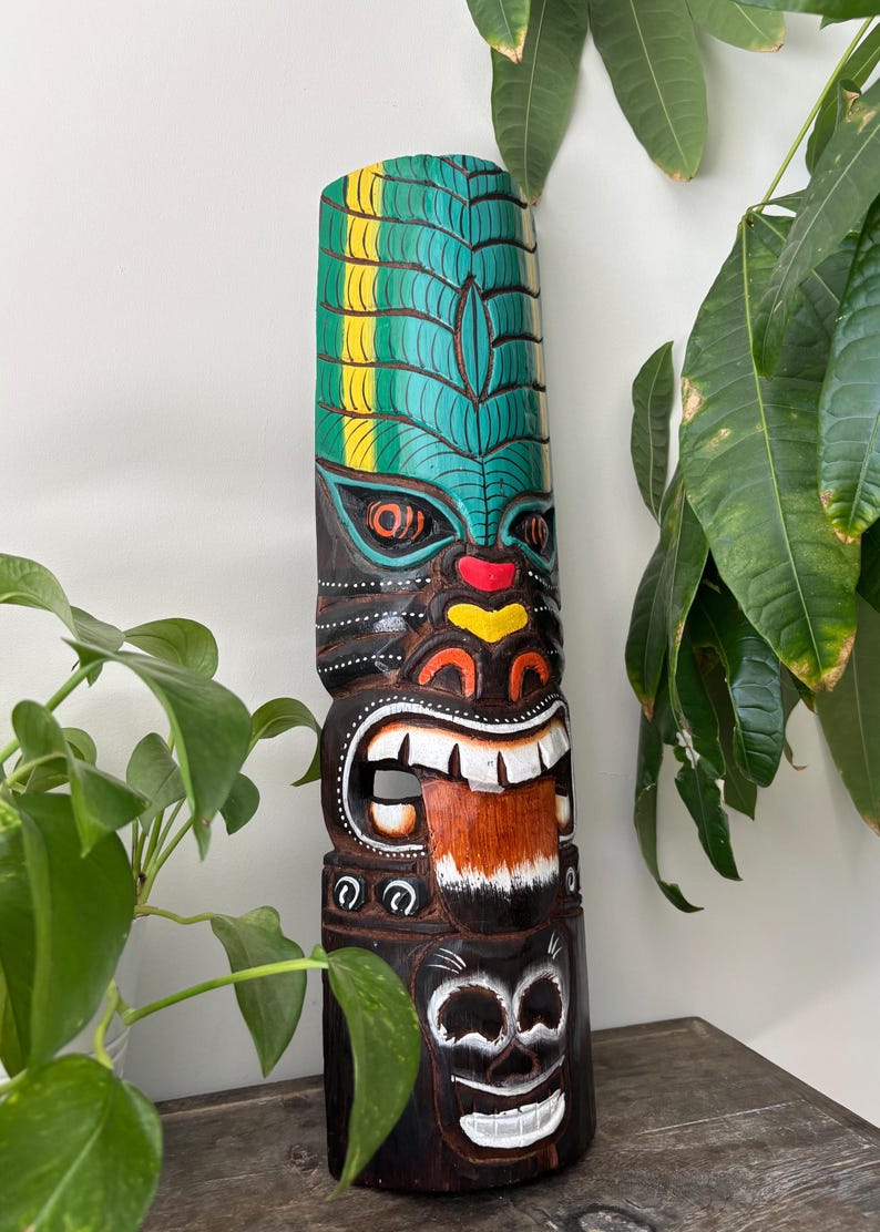 Hawaiian Hand Made Set of 3 Carved Wooden 19.5" Painted Tiki Mask ...