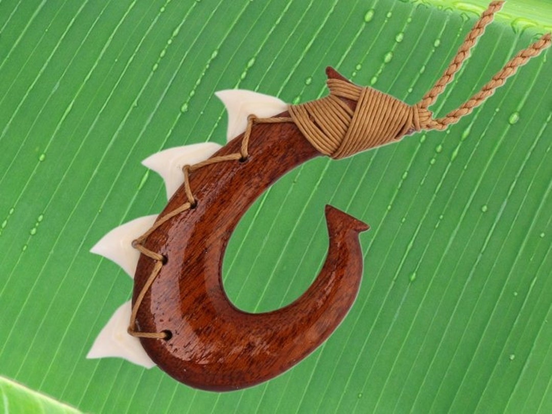 Koa Wood Paddle Tiger Shark Teeth Fish Hook Maori Tribal Pendant With ...