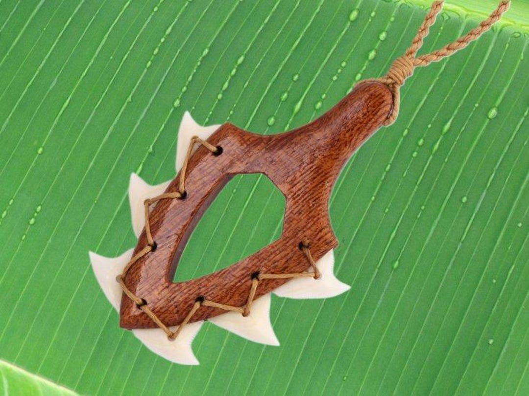 Koa Wood White Tip Shark Teeth Weapon Pendant With Brown Hemp Braided ...