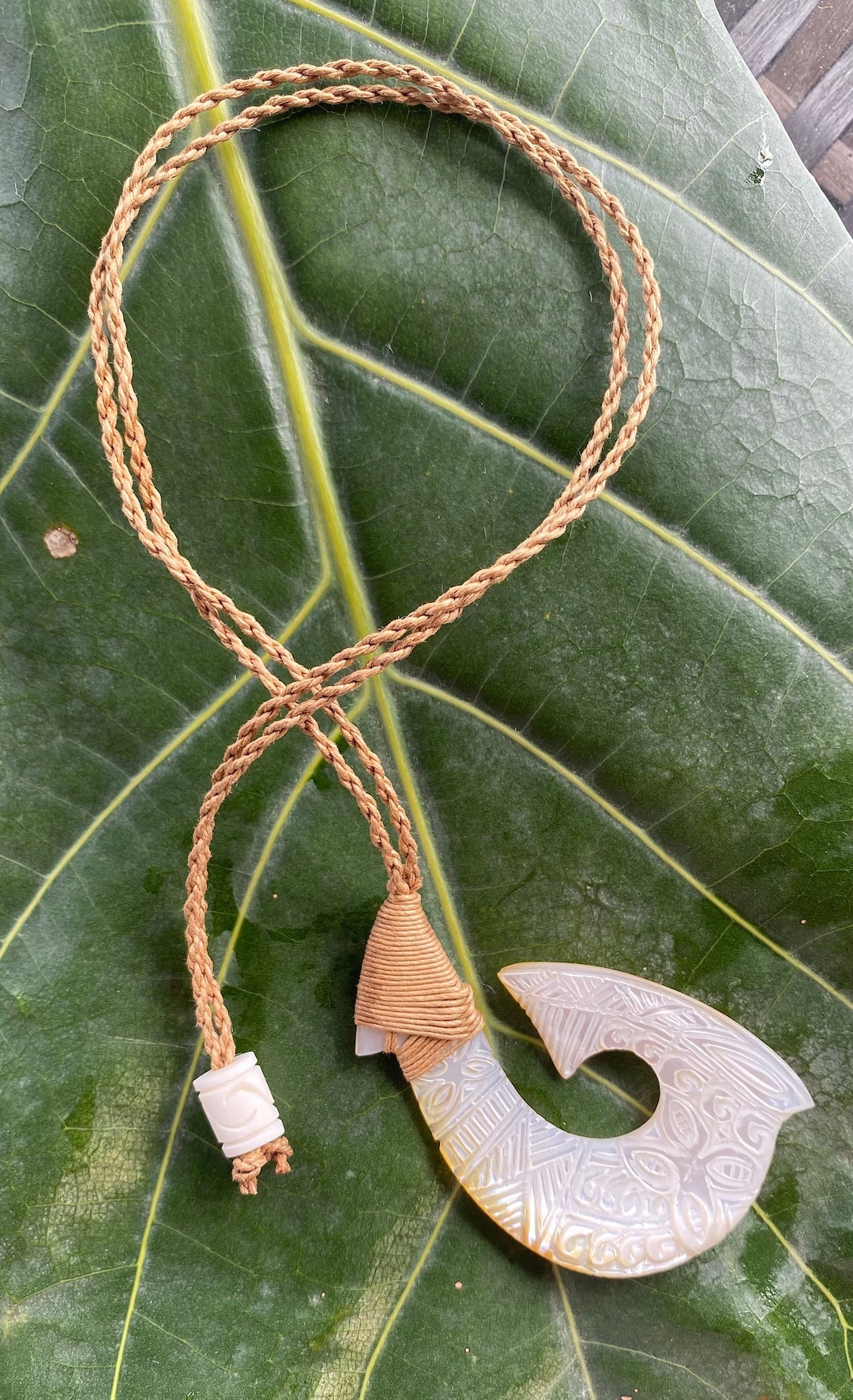Mother of Pearl Curved Fish Hook Maori Pendant With Adjustable Braided ...