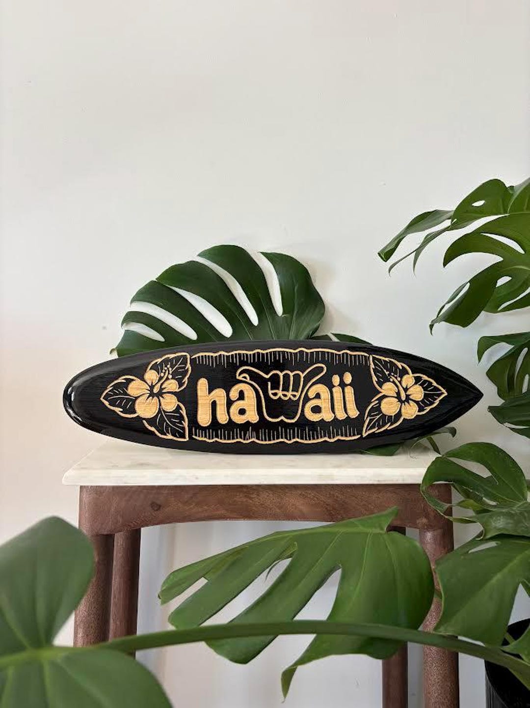 Hawaiian Hand Made 20" Carved Wood Surfboard Home Decor Shaka Hibiscus ...