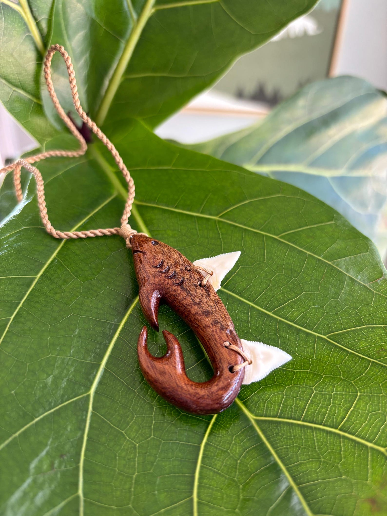 Koa Wood White Tip Shark Teeth Fish Hook Pendant With Brown Hemp ...