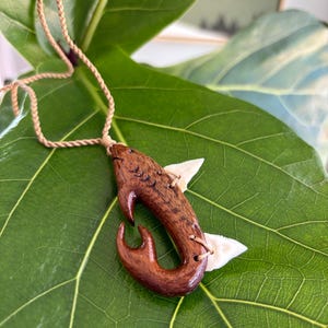 Koa Wood White Tip Shark Teeth Fish Hook Pendant With Brown Hemp ...
