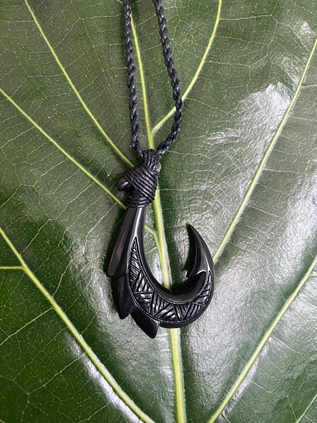 Genuine Black Jade Nephrite Carved Fish Hook Adjustable Black Hemp Cord ...