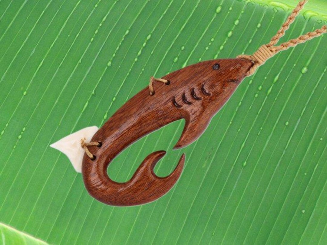 Koa Wood White Tip Shark Teeth Fish Hook Pendant With Brown Hemp ...