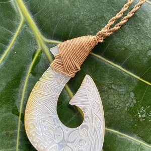Mother of Pearl Curved Fish Hook Maori Pendant With Adjustable Braided ...