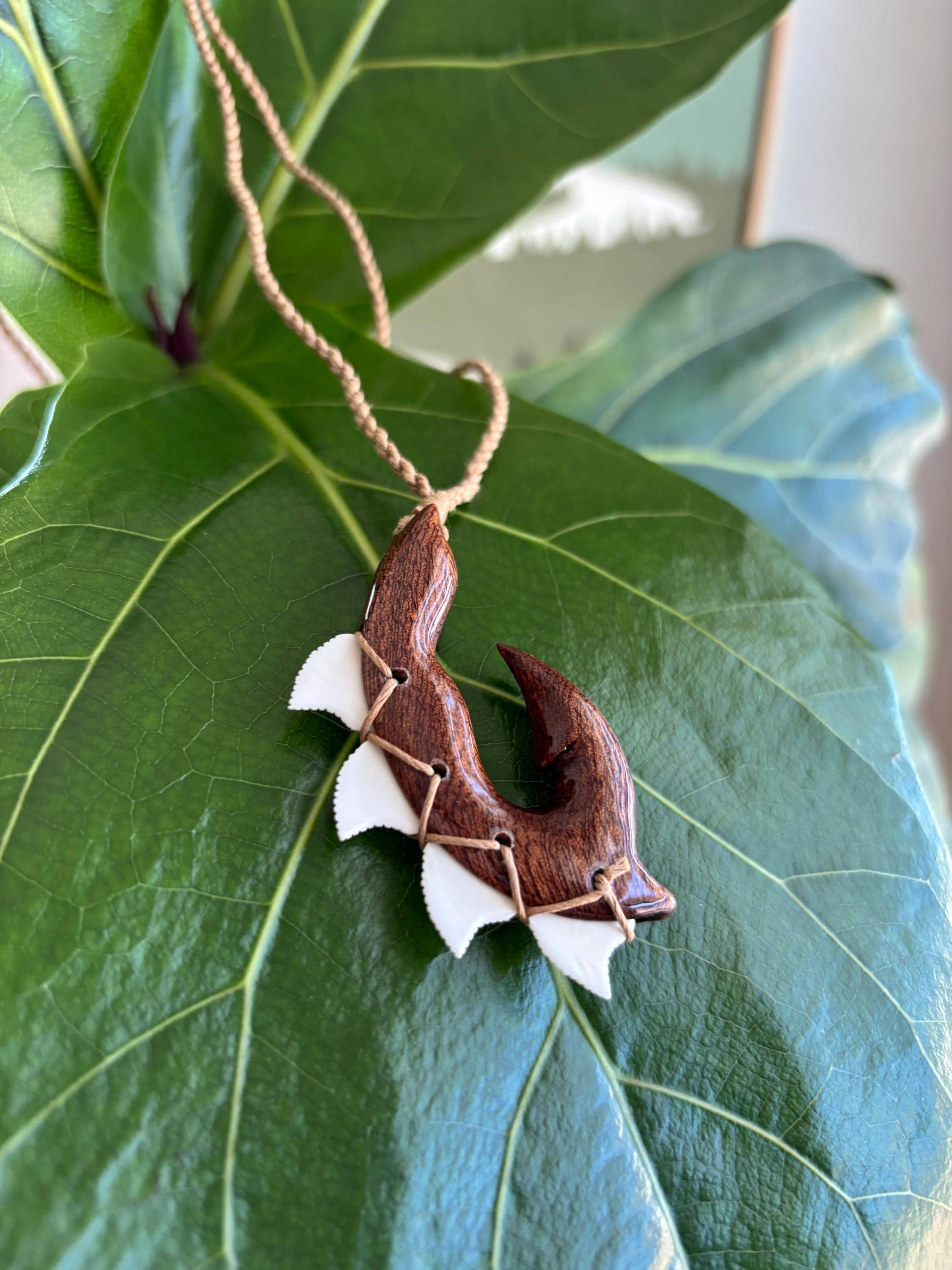 Koa Wood Tiger Shark Teeth Fish Hook Pendant With Brown Hemp Braided ...