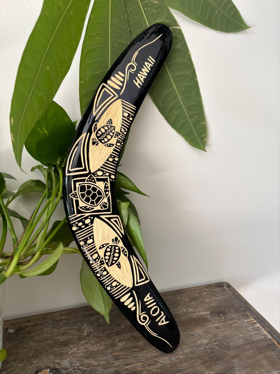 Hawaiian Hand Made 15" Carved Out Wood Boomerang Home Decor Engraved ...