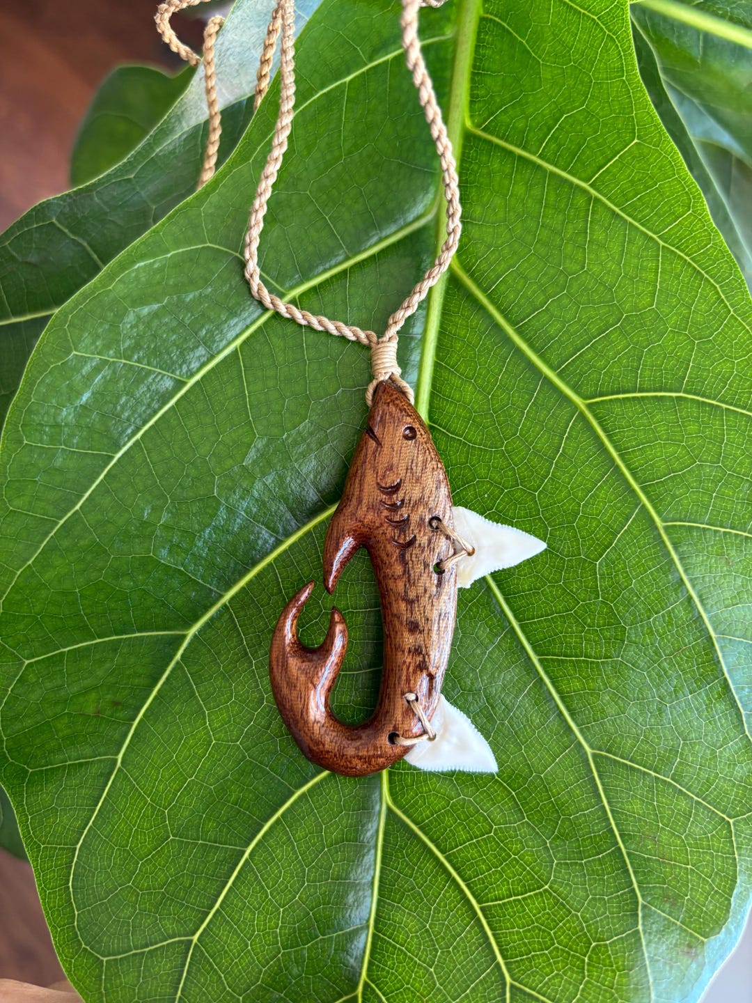 Koa Wood White Tip Shark Teeth Fish Hook Pendant With Brown Hemp ...