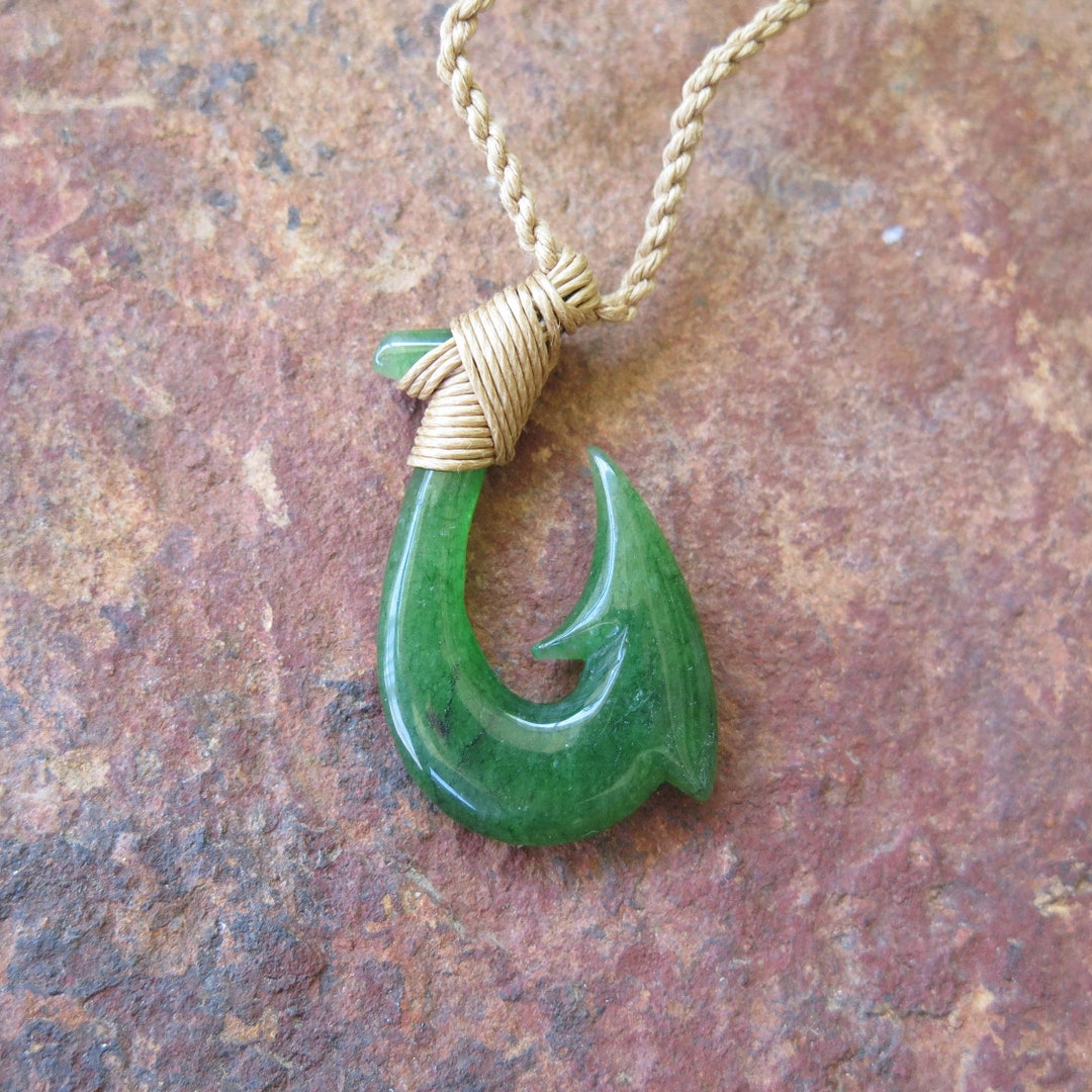Genuine Green Jade Nephrite Carved Fish Hook Adjustable Brown Hemp Cord ...