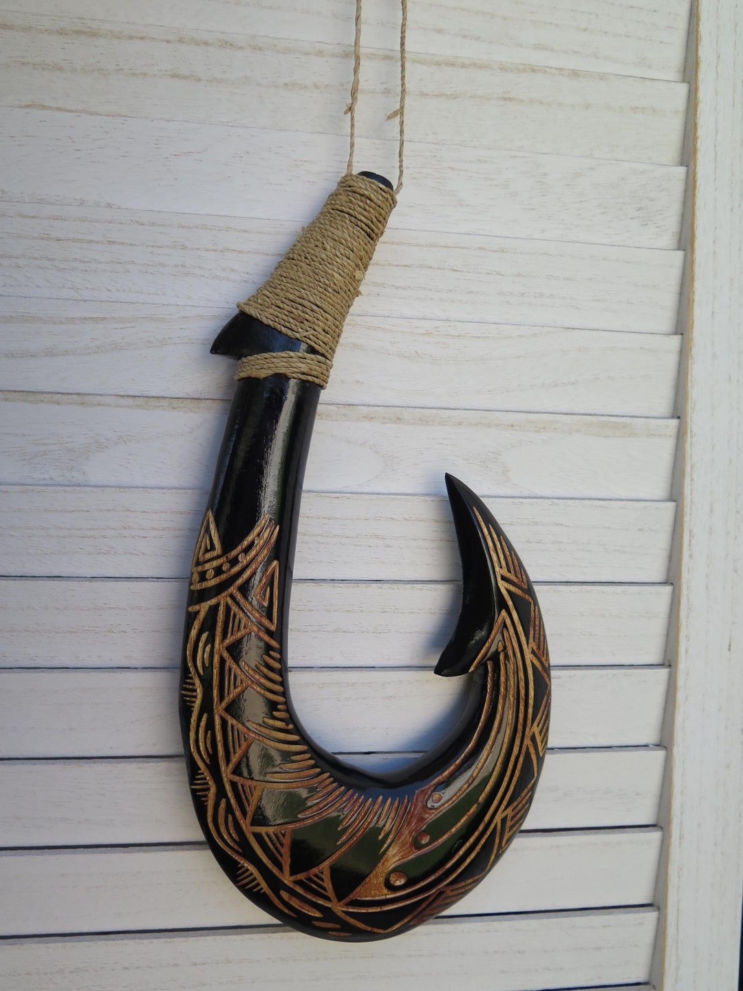 Hawaiian Hand Made Wall Decor Plaque Solid Black Wood Polynesian Fish ...