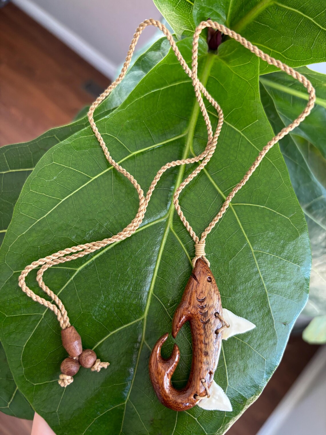 Koa Wood White Tip Shark Teeth Fish Hook Pendant With Brown Hemp ...