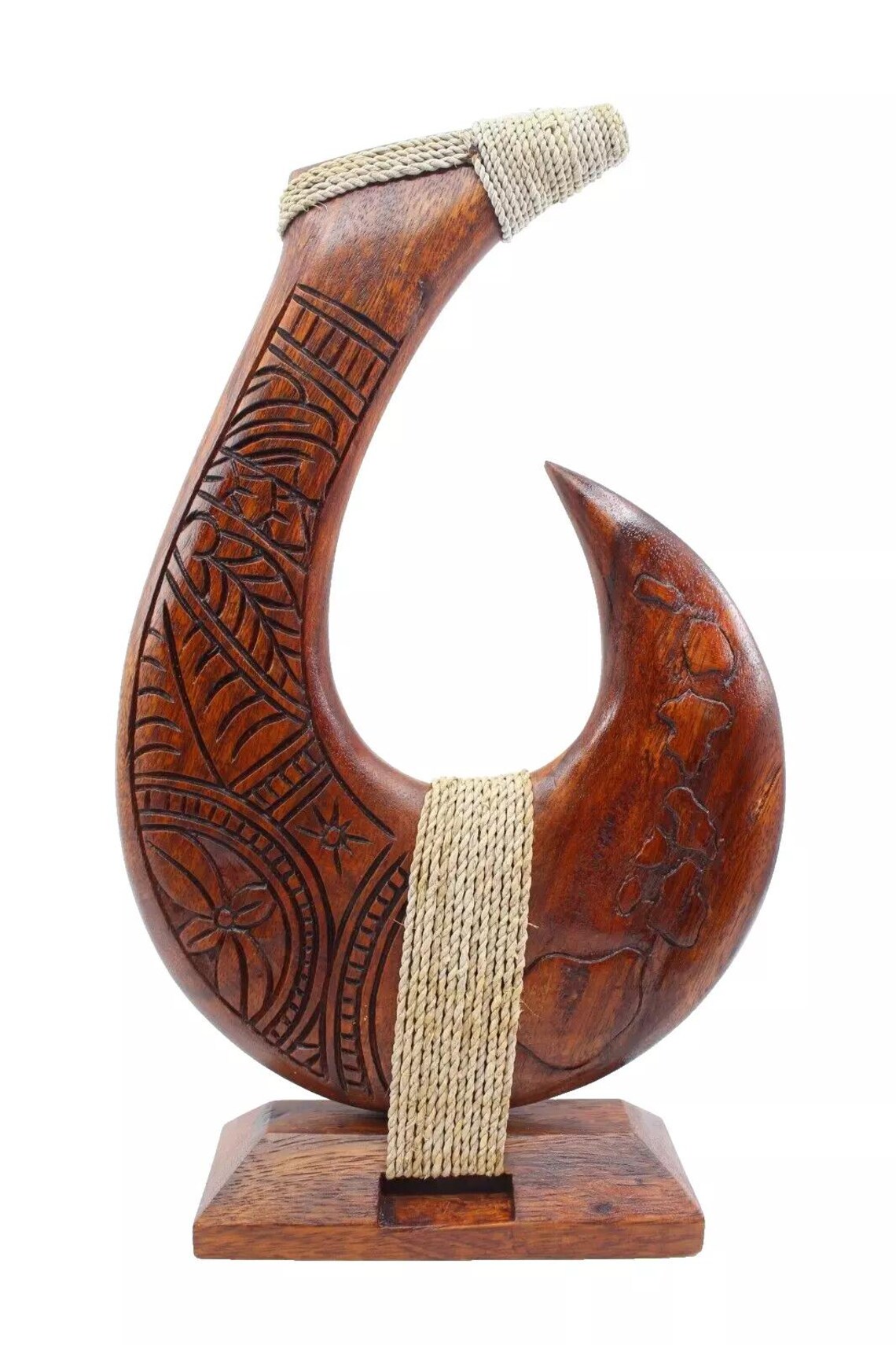 Hawaiian Hand Made Polynesian Wood Carved Fish Hook With Base Engraved ...