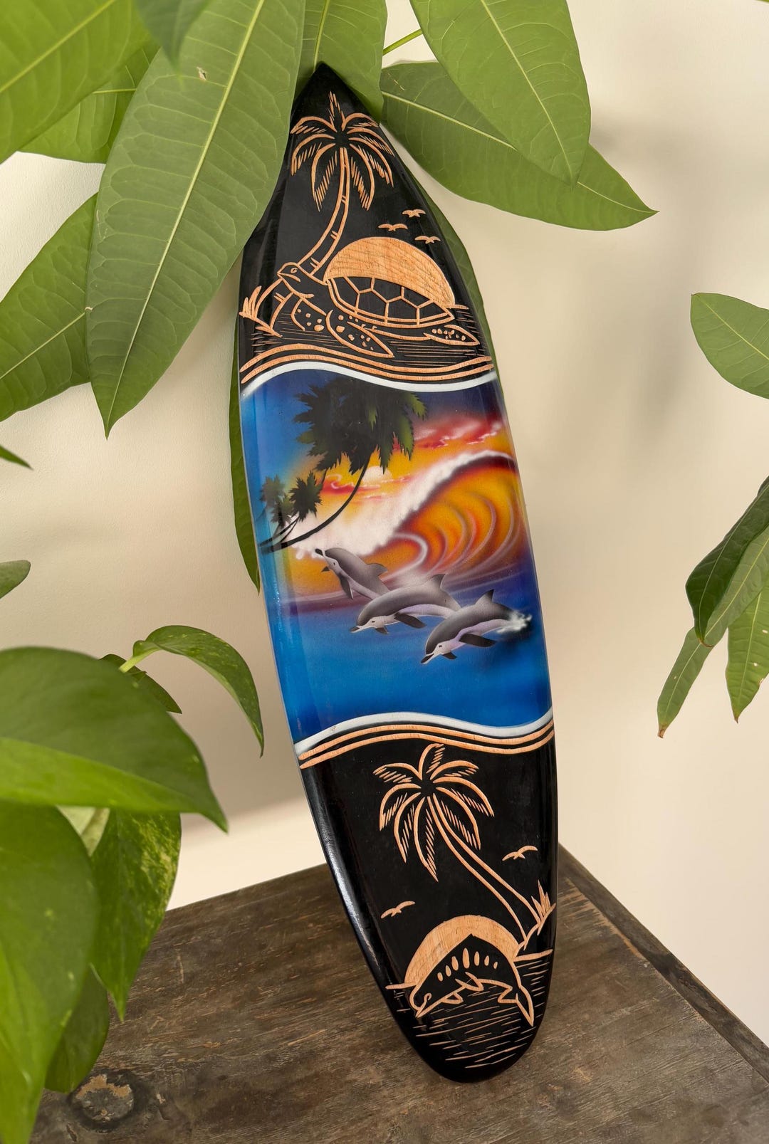 Hawaiian Hand Made 20" Carved Wood Surfboard Home Decor Engraved Turtle ...