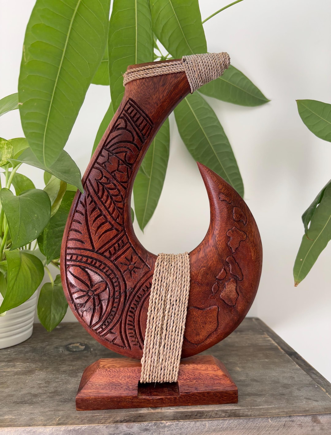 Hawaiian Hand Made Polynesian Wood Carved Fish Hook With Base Engraved ...