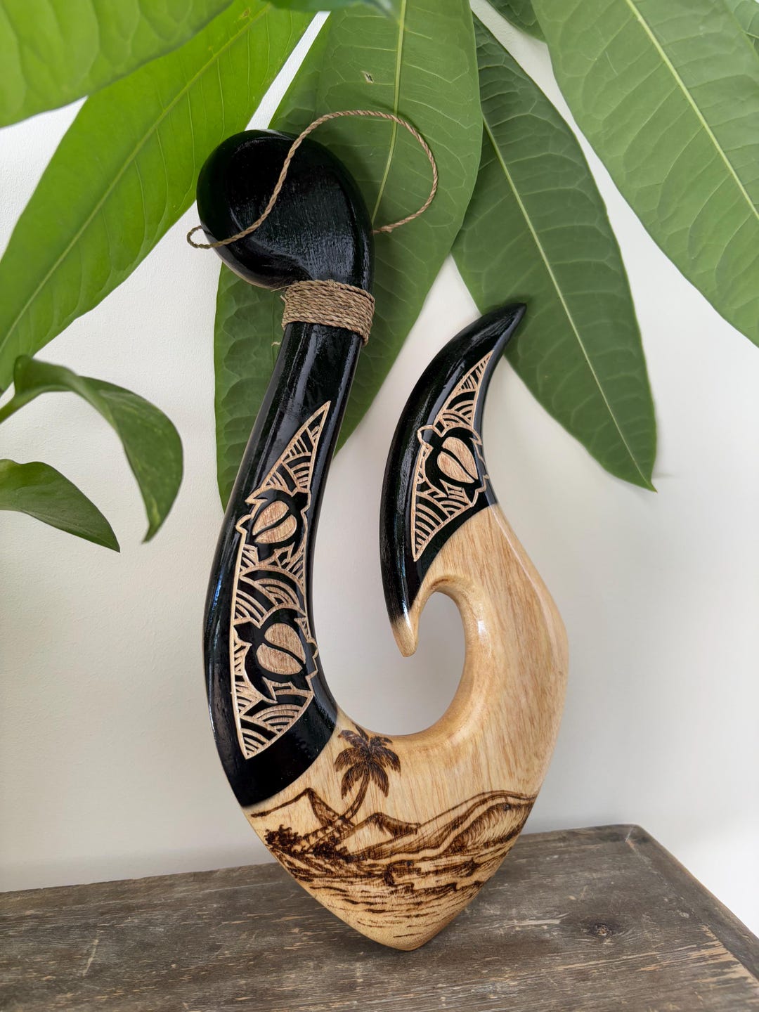 Hawaiian Hand Made Wall Decor Plaques Solid Wood Polynesian Fish Hook ...