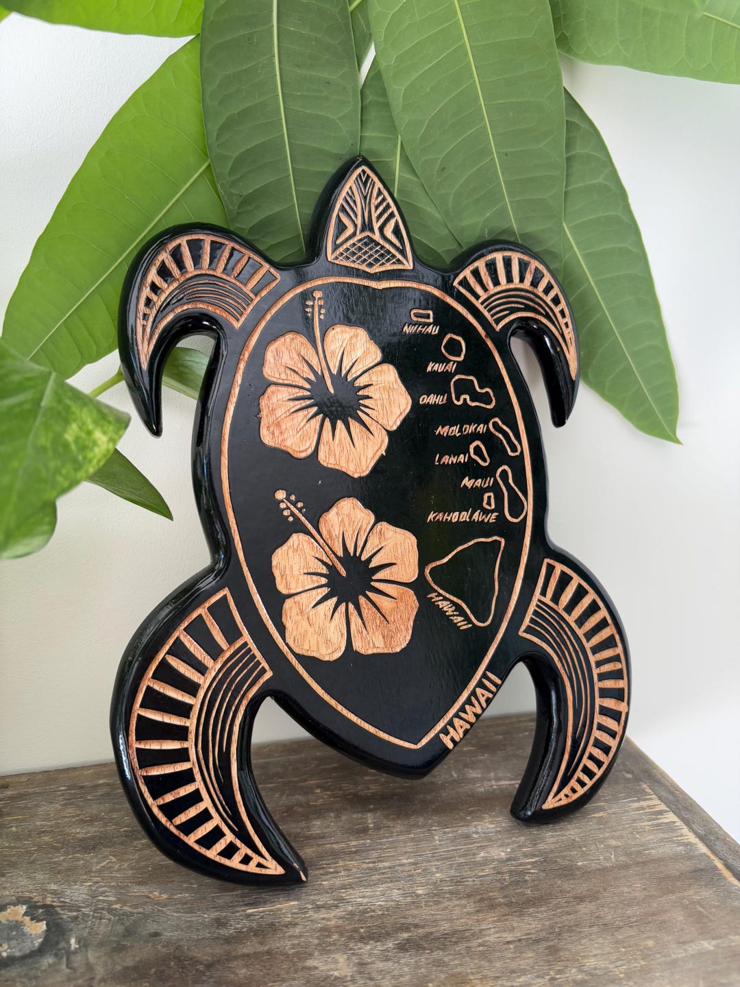 Hawaiian Hand Made Wall Hanging Decor Plaque Solid Carved Wood Turtle ...