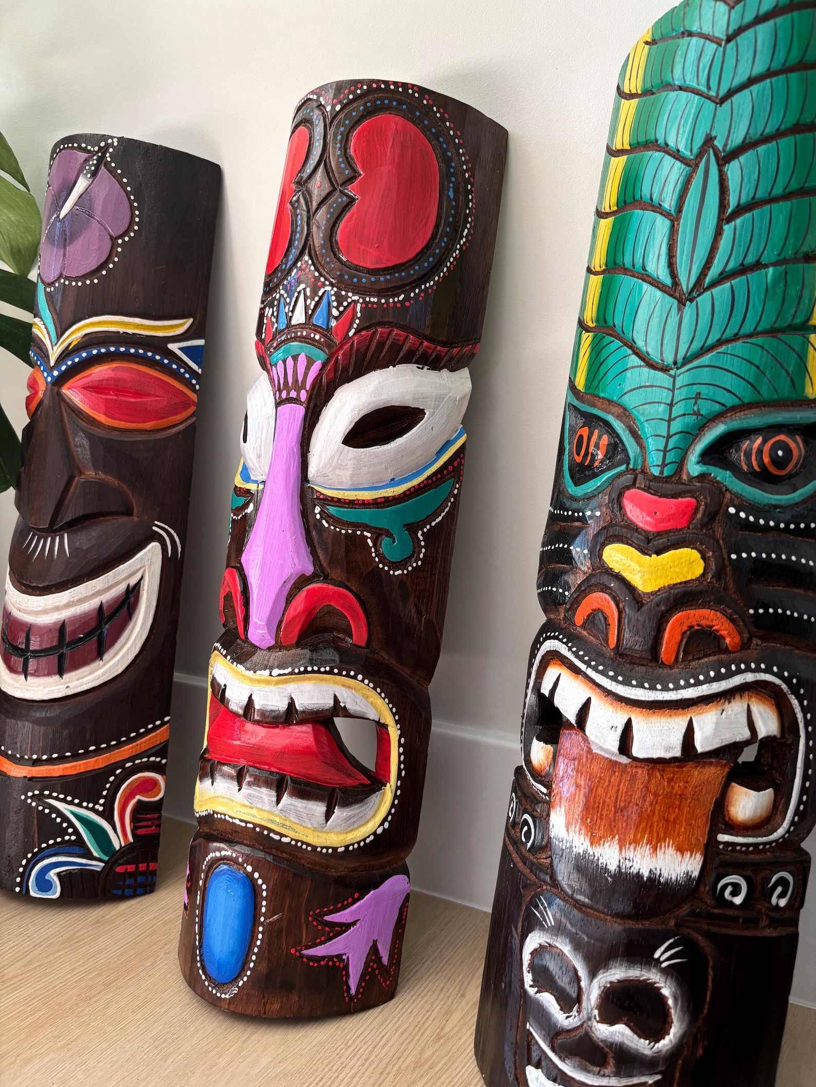 Hawaiian Hand Made Set of 3 Carved Wooden 19.5" Painted Tiki Mask ...