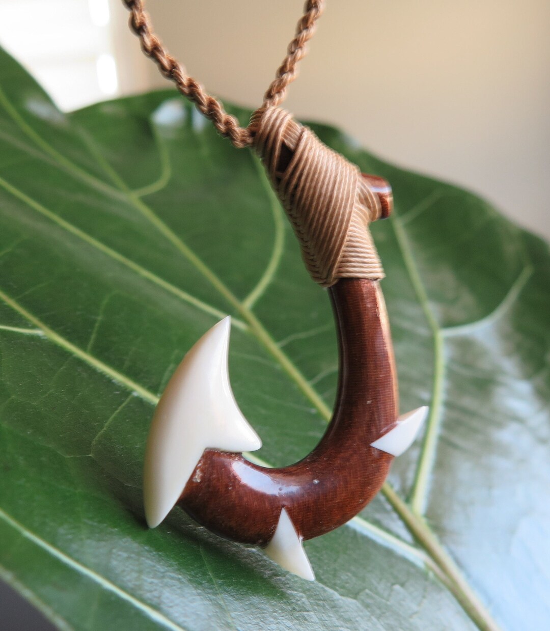Natural Koa Wood + Buffalo Bone Pointed Spiked Fish Hook Maori Tribal ...