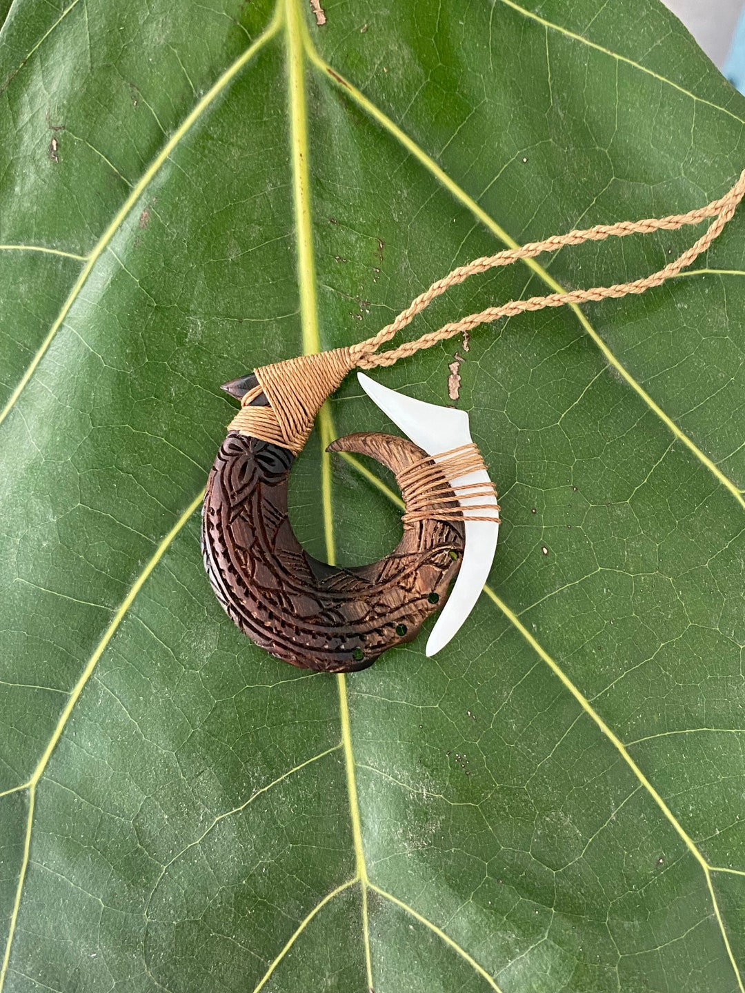 Tribal Carving Wood & Mother of Pearl Fish Hook Maori Pendant With ...