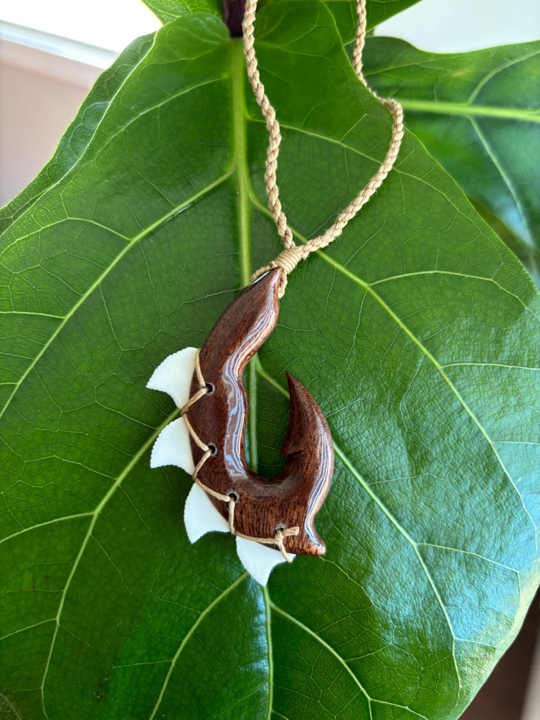 Koa Wood Tiger Shark Teeth Fish Hook Pendant With Brown Hemp Braided ...