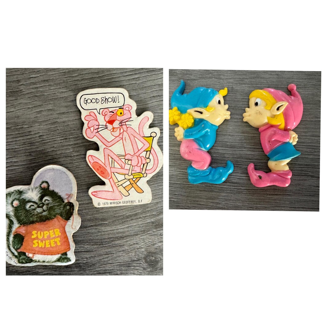 Vintage/ Refrigerator Magnets/ Kissing Pixie/ Elf Magnet/ Pink Panther ...