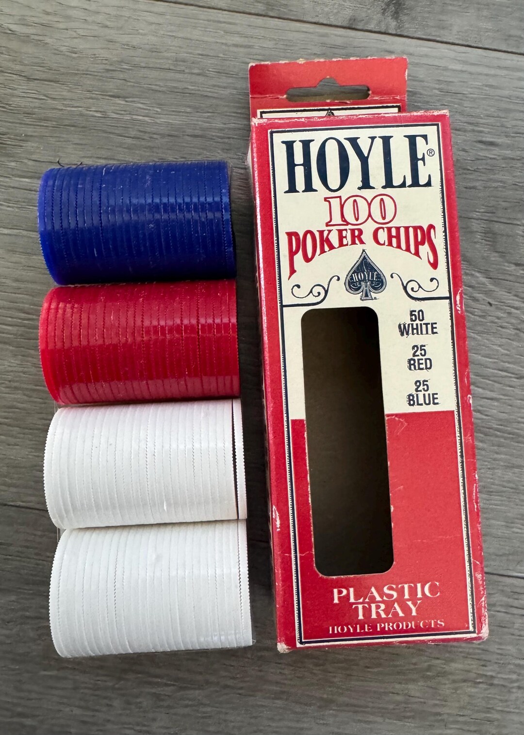 Vintage/ 1992/ Hoyle/ 100/ Poker Chips/ 50 White/ 25 Red/ 25 Blue ...