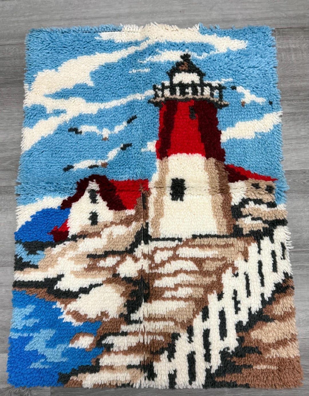 Vintage/ Latch Hook/ Lighthouse/ Rug/ Wall Decor/33” Height/ Very Good ...