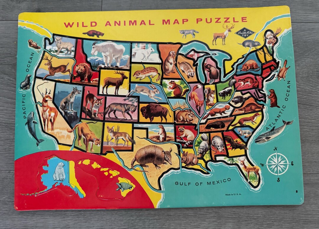 Vintage/ Wild Animal/ Map Puzzle/ USA/ Puzzle/ Complete/ Good Condition ...