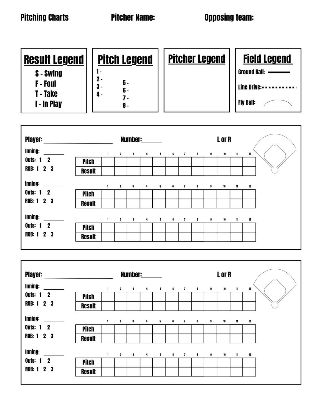 Softball/baseball Pitch Chart Stats - Etsy