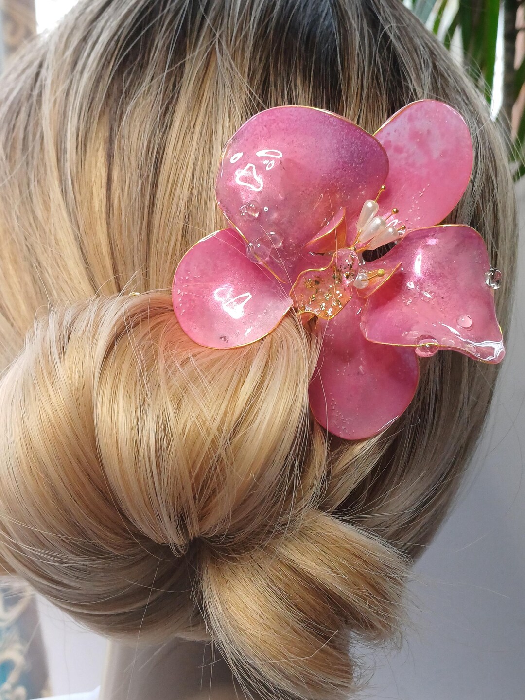 LARGE PINK Orchid Hair Combs, Resin Orchid, Kanzashi Hairpin, Wedding ...
