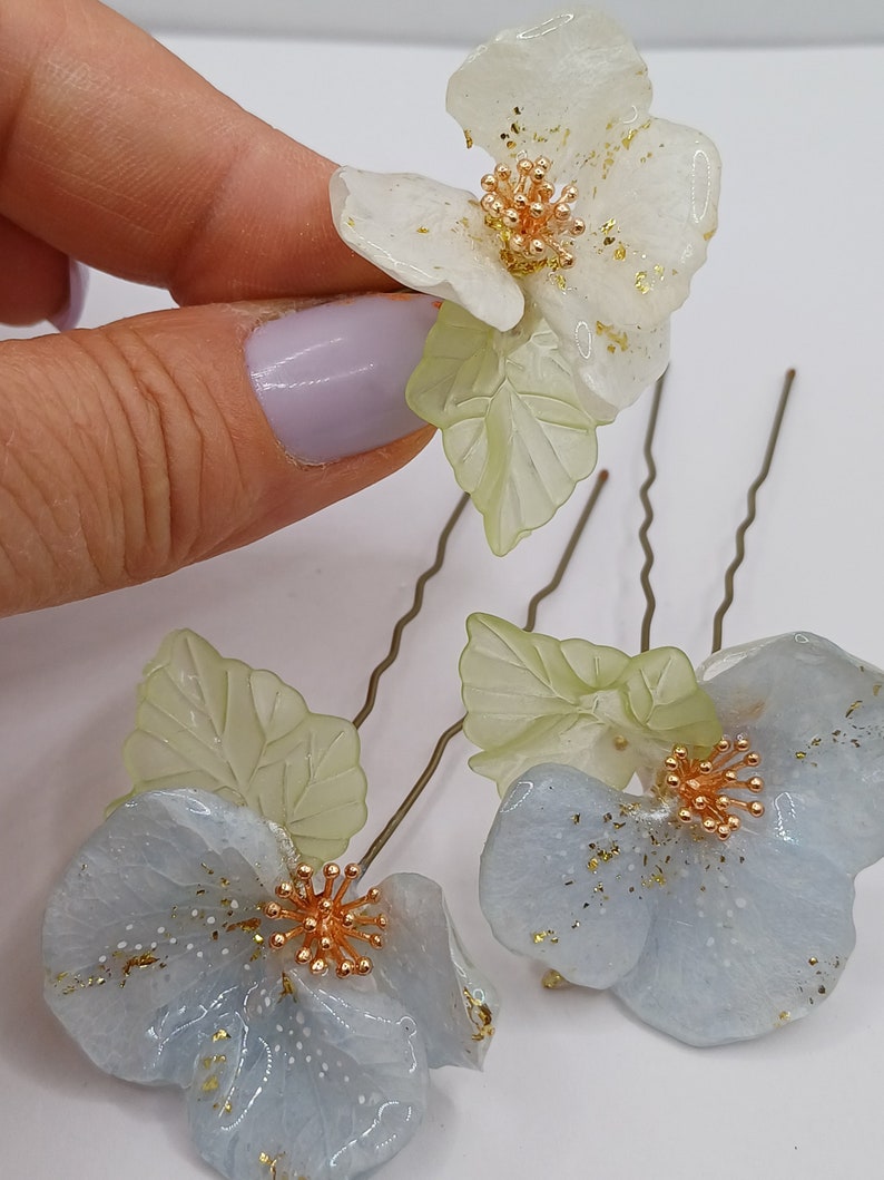 Three Real Hydrogen Flowers Japanese Kanzashi Single Hair Pins, Wedding ...