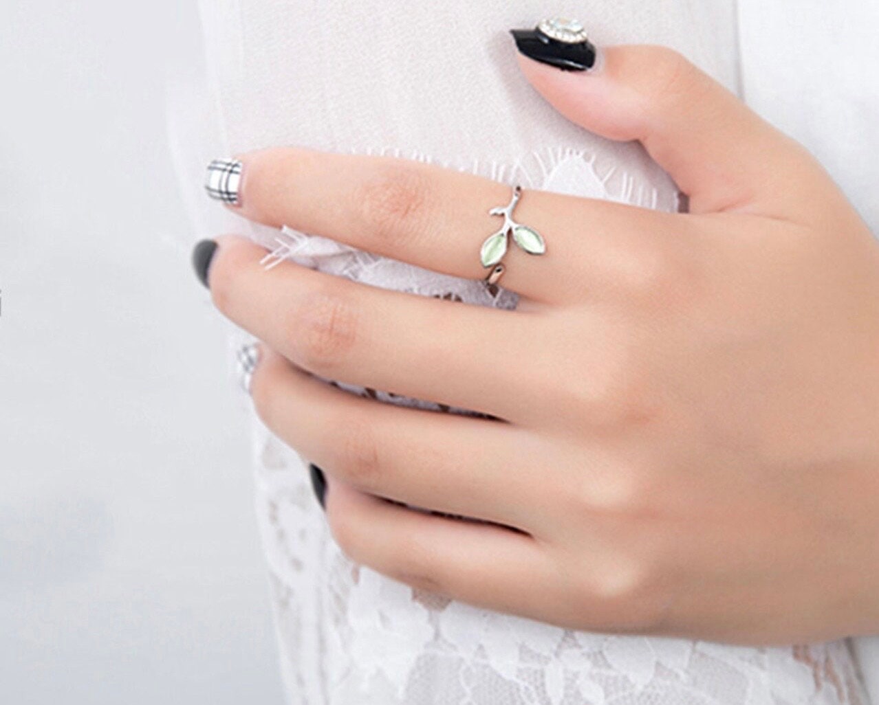Green Leaf Ring, Silver 925 Adjustable Leaf Ring, Delicate Silver Stacking Ring, Nature Lover ...