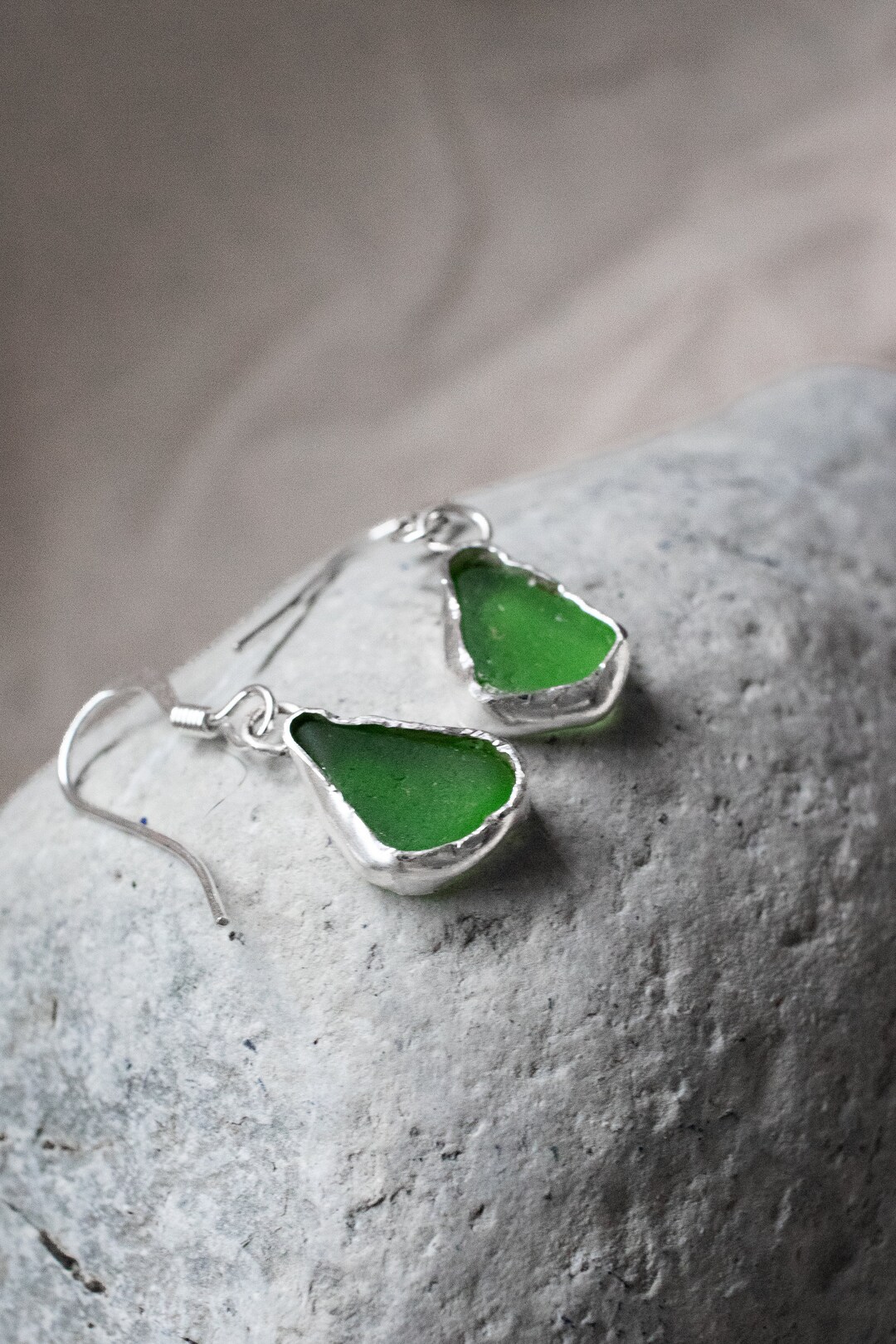 Green Sea Glass Silver Dangle Earrings - Etsy UK