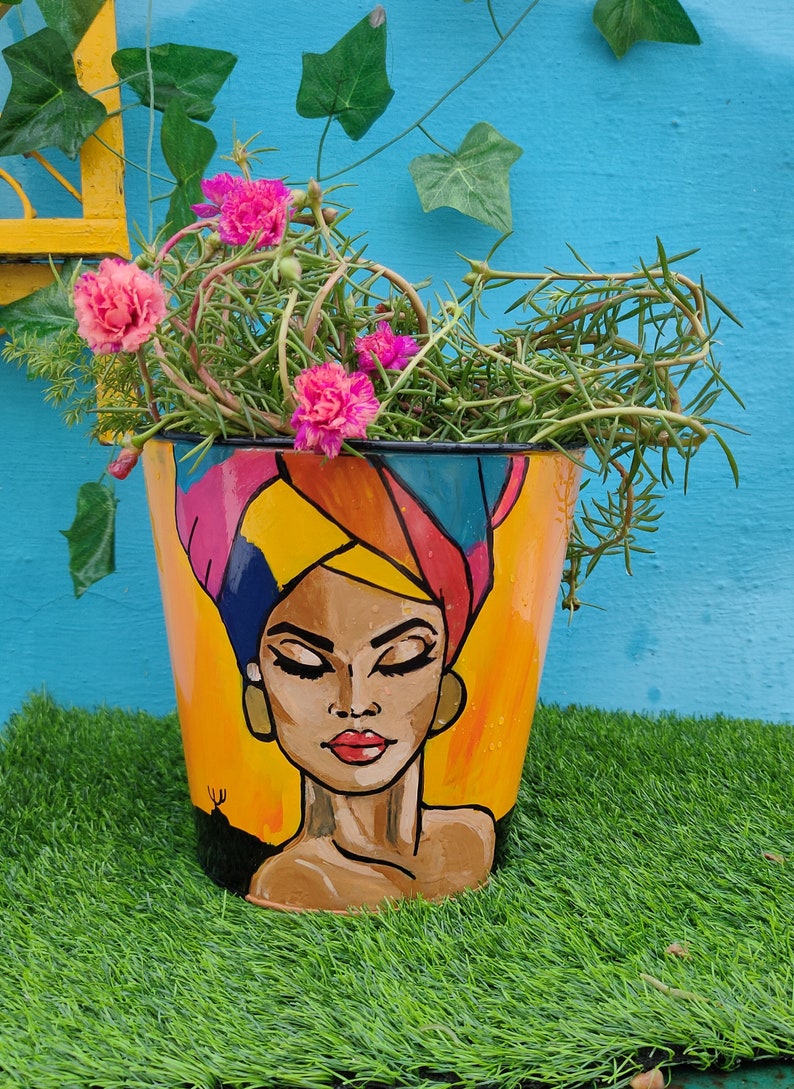 African Tribal Girl Handpainted Galvanized Metal Planter ,african Woman ...