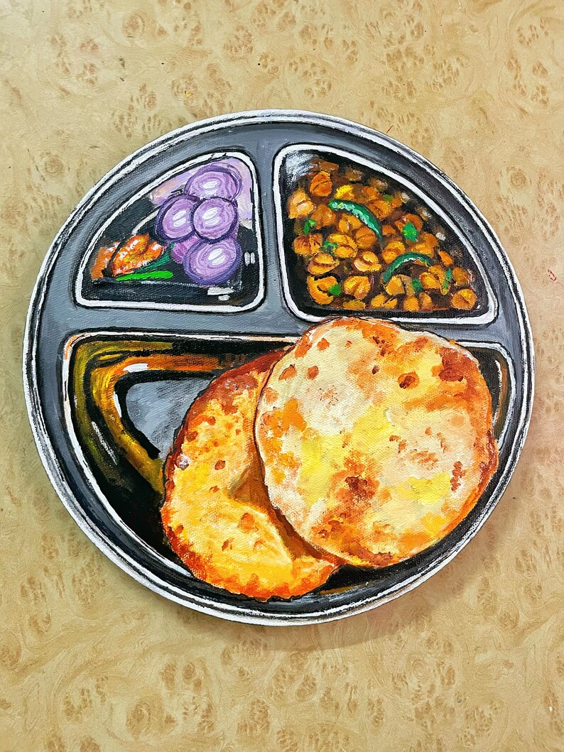Chole Bhature in Steel Thali, Painting,acrylic on Round Canvas 8 Inch ...