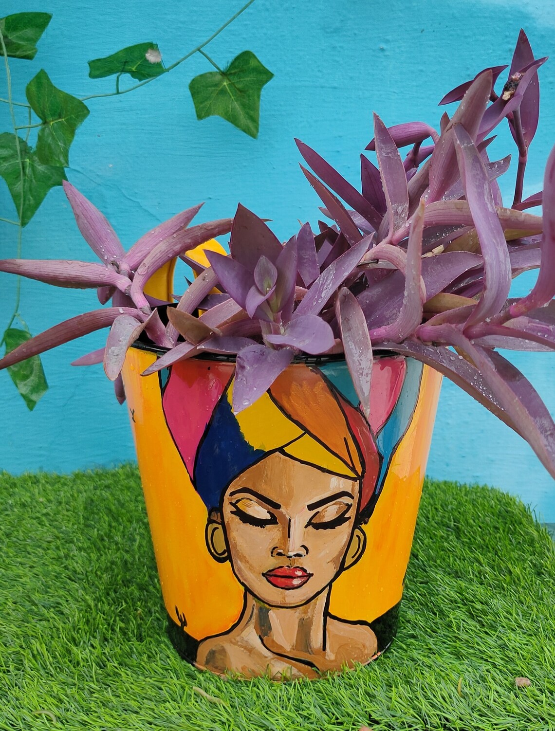 African Tribal Girl Handpainted Galvanized Metal Planter ,african Woman ...