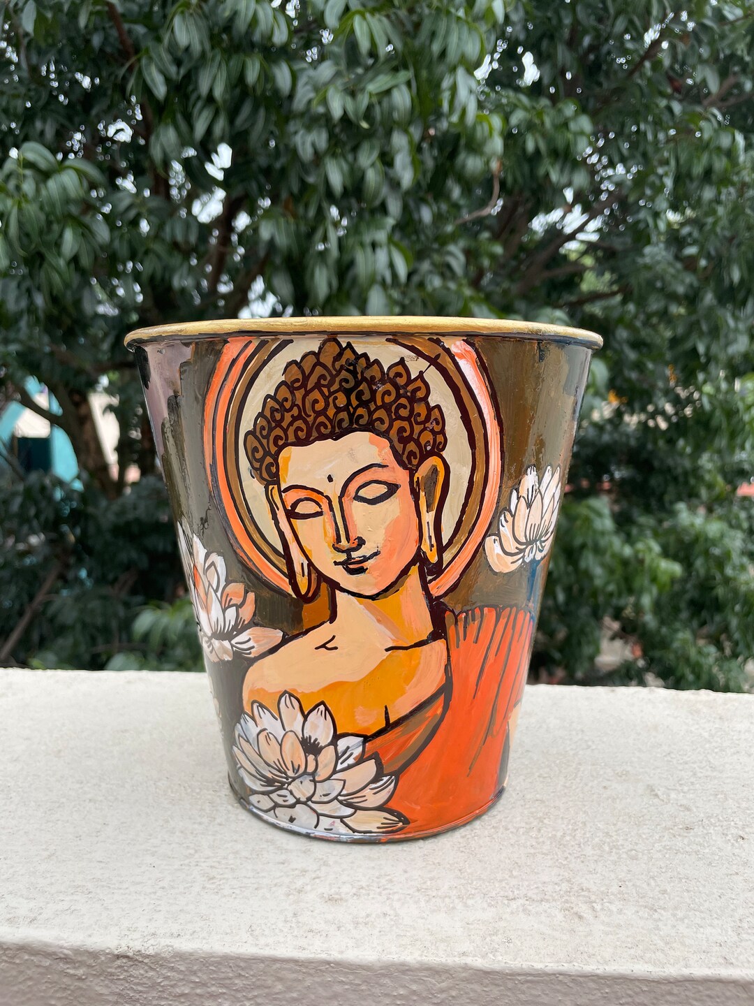 Buddha Theme Handpainted Galvanised Metal Planter/vase,8 Inch Plant Pot ...