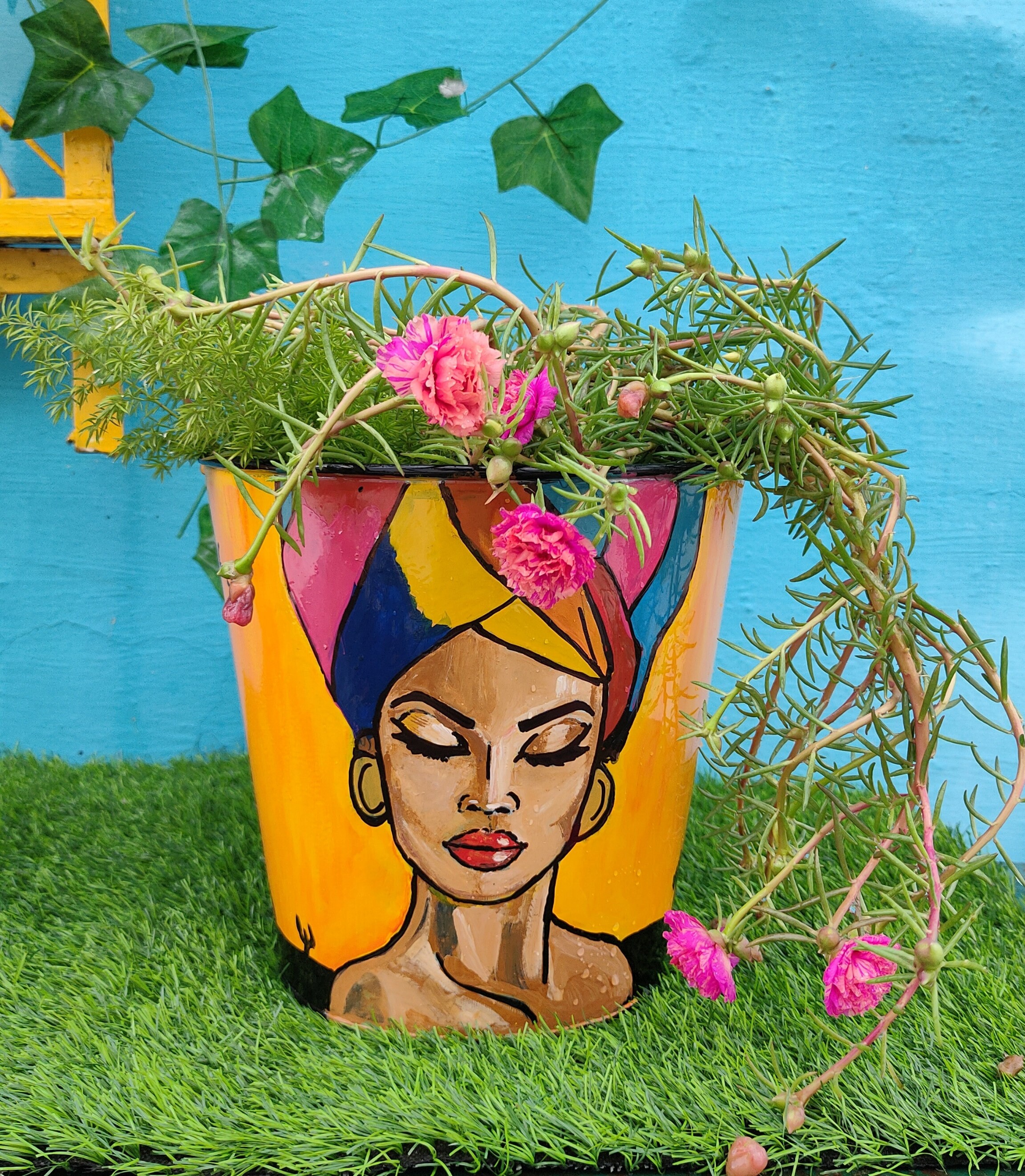 African Tribal Girl Handpainted Galvanized Metal Planter ,african Woman ...