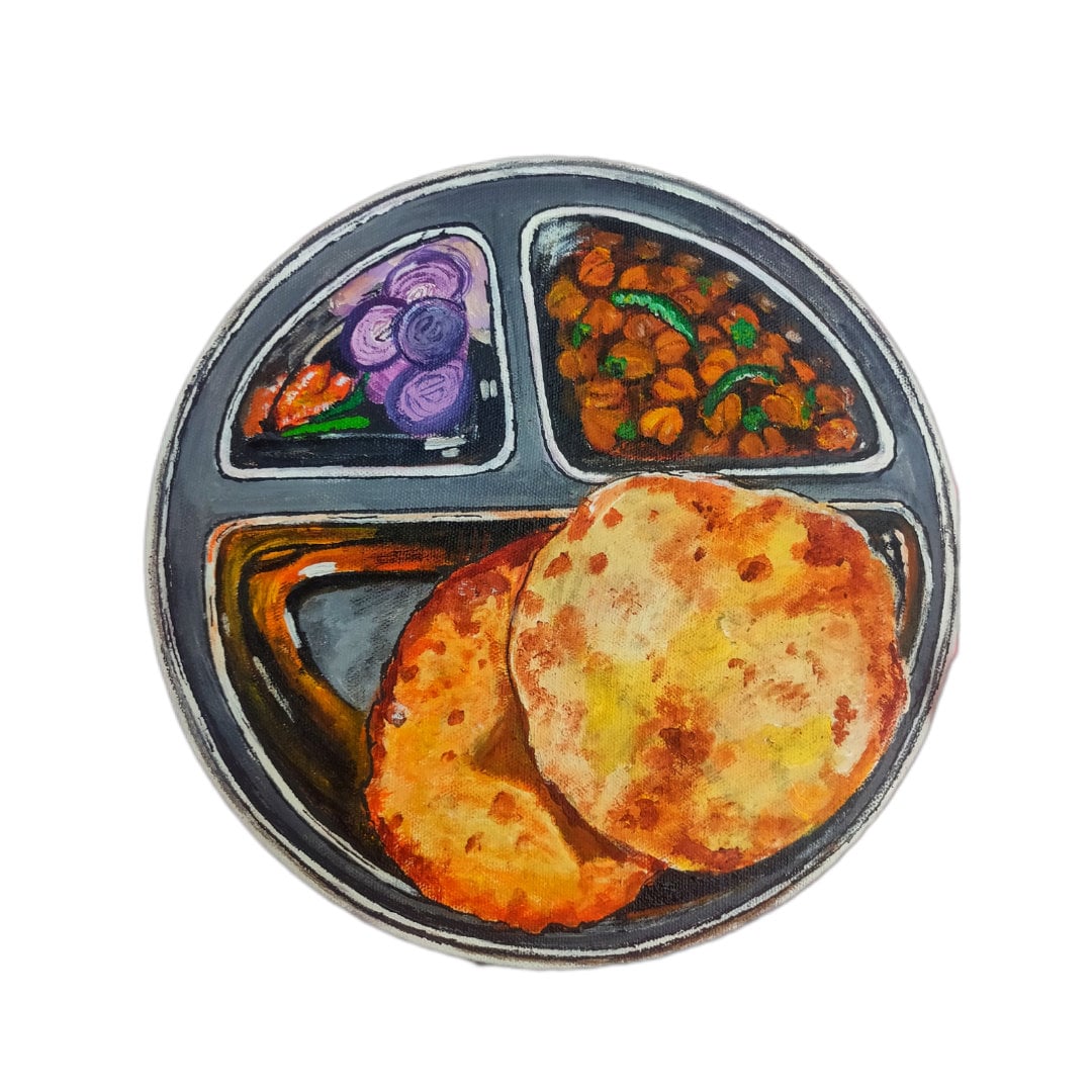 Chole Bhature in Steel Thali, Painting,acrylic on Round Canvas 8 Inch ...
