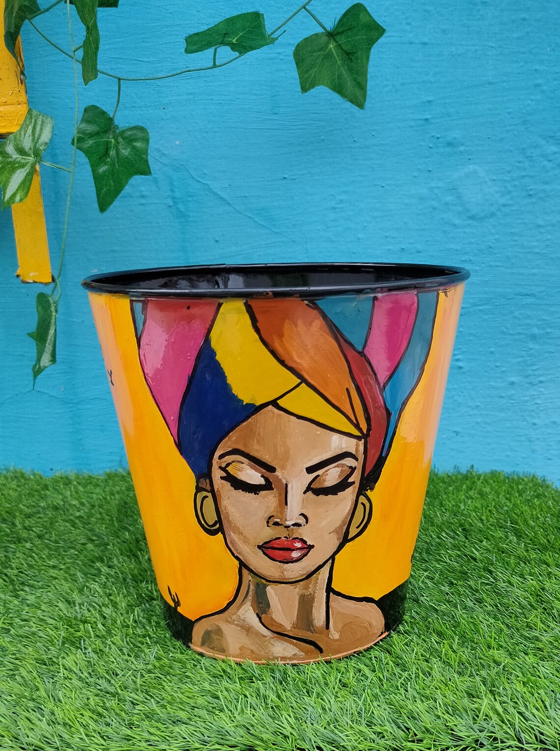 African Tribal Girl Handpainted Galvanized Metal Planter ,african Woman ...