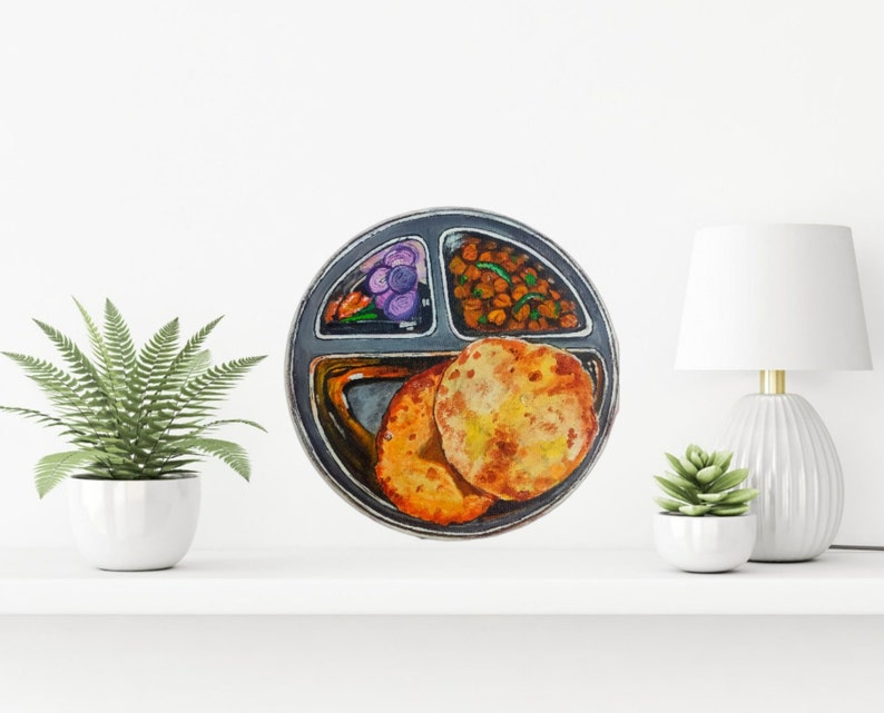 Chole Bhature in Steel Thali, Painting,acrylic on Round Canvas 8 Inch ...