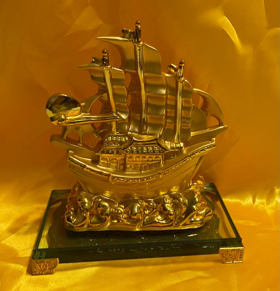 7”H Feng Shui Golden Lucky Dragon Ship Sailing Boat Statue Home Office ...